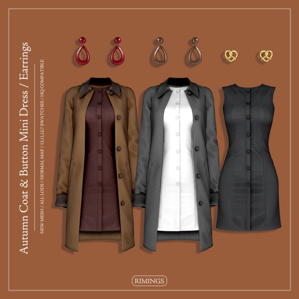 [RIMINGS] Autumn Coat & Button Mini Dress / Earring - Sims 4 CC - SimsFinds